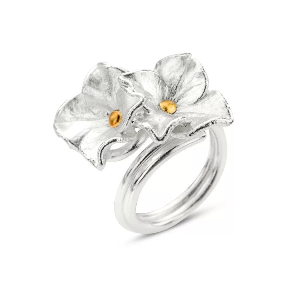 Thallo Petals Hydrangea Ring statement, double flower, 24K Gold and sterling silver